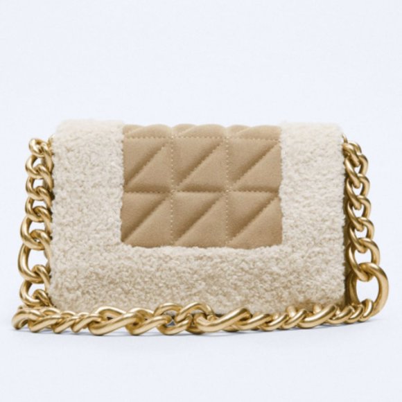 Zara | Bags | Zara Leather Heavy Gold Chain Quilted Split Fleece ...